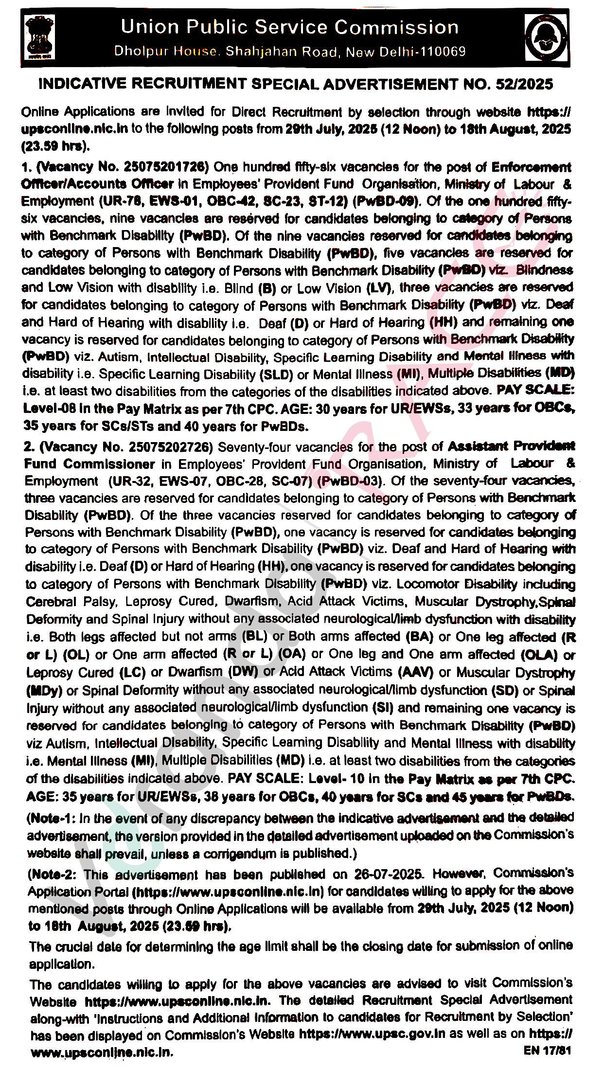 UPSC EPFO Recruitment 2025 Official Notification Out for 230 EO/AO & APFC Posts; Apply from 29 ...